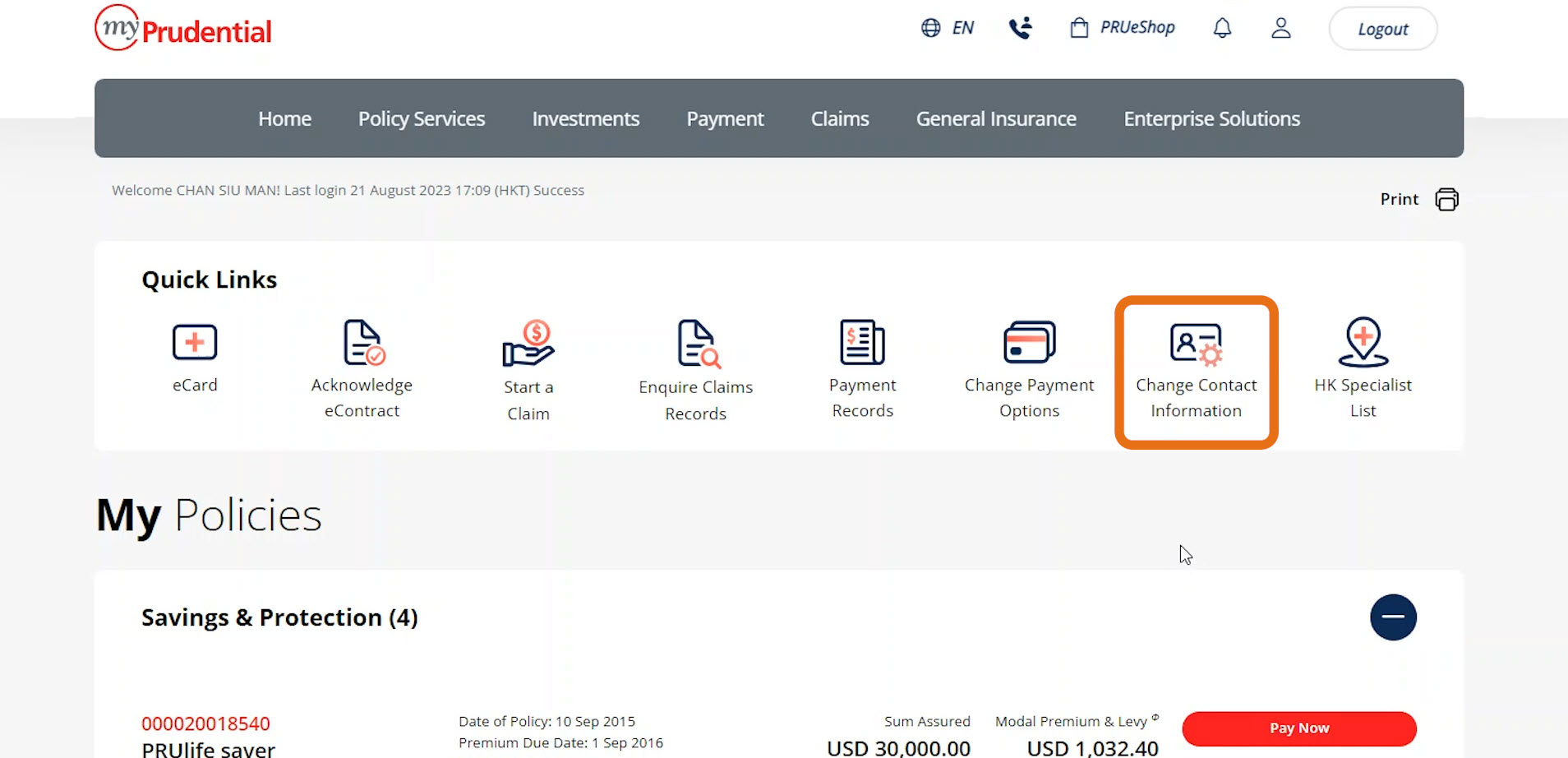 How to Update Contact Information for a life policy | Prudential HK